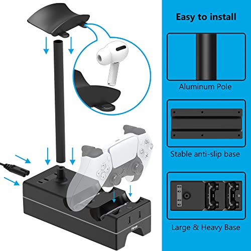 PS5 Controller Charger, Hiree RGB PS5 Controller Charging Station with 2 USB Charging Ports, Headphone Stand, Compatible with Sony Playstation 5 Dualsense Controller