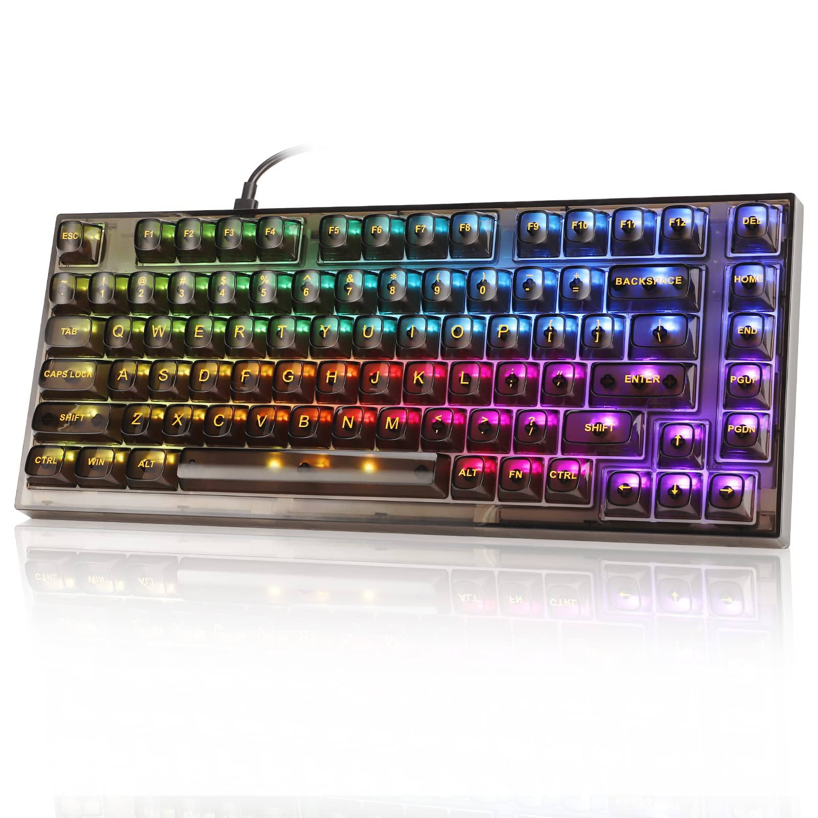 CHICHEN Mechanical Gaming Keyboard,Cool RGB Backlit Compact 82 Clear Keycaps,Hot Swappable 80% Keyboard with Ice Switch,Wired Transparent Keyboard for Windows/Mac (Transparent Black)