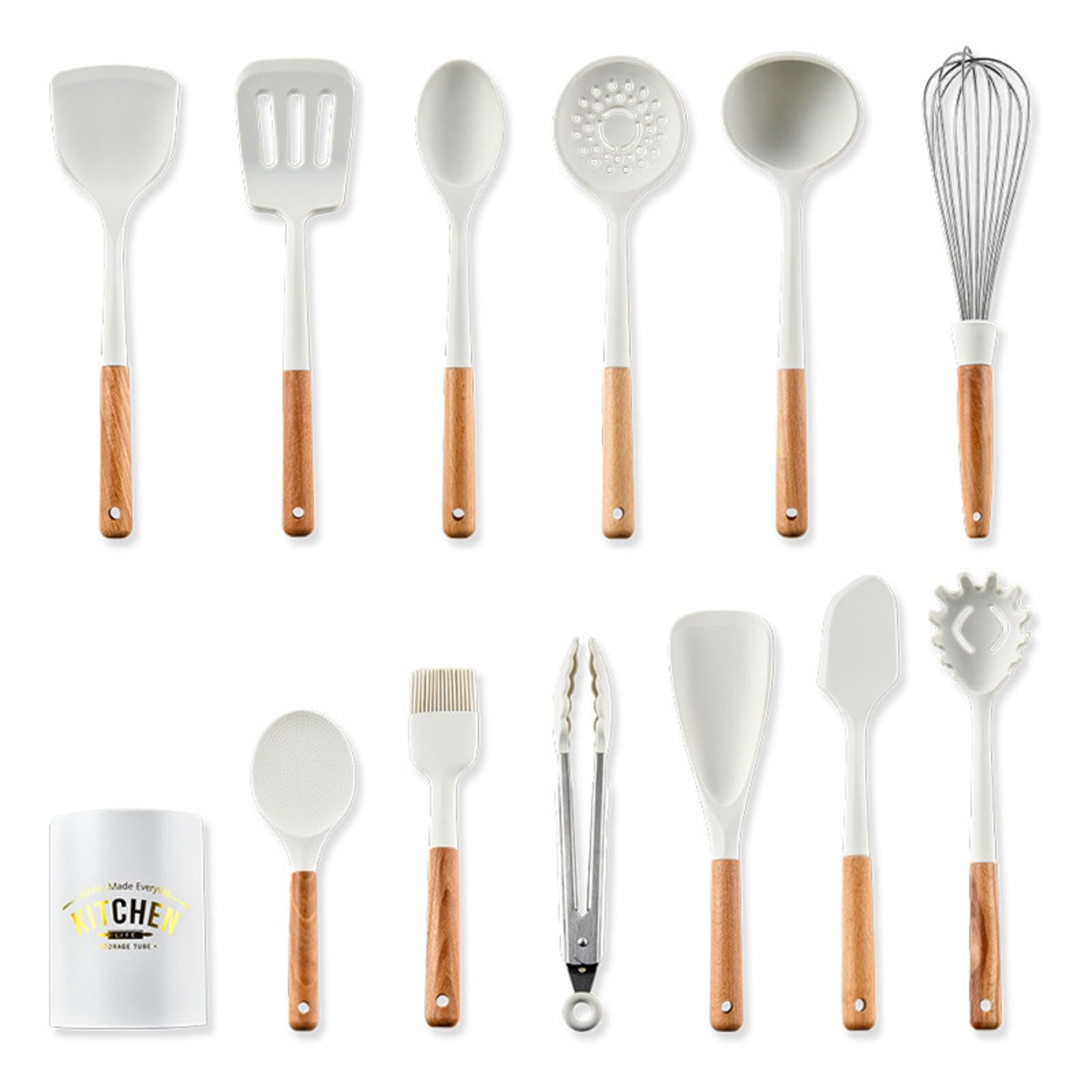 New Milk White Wooden Handle Silicone Kitchen Utensil Set 12 Pieces Non-Stick Cooking Spatula Silicone Kitchen Utensil Set