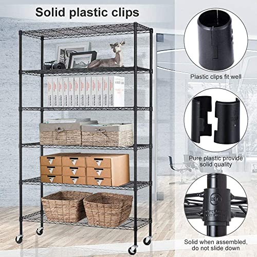 Storage Shelves Heavy Duty 6 Tier Wire Shelving Unit with Wheels Adjustable Metal Wire Shelf 48" L×18" W×82" H Standing Garage Shelves 2100 Lbs Weight Capacity Multifunctional Home Storage Rack, Black