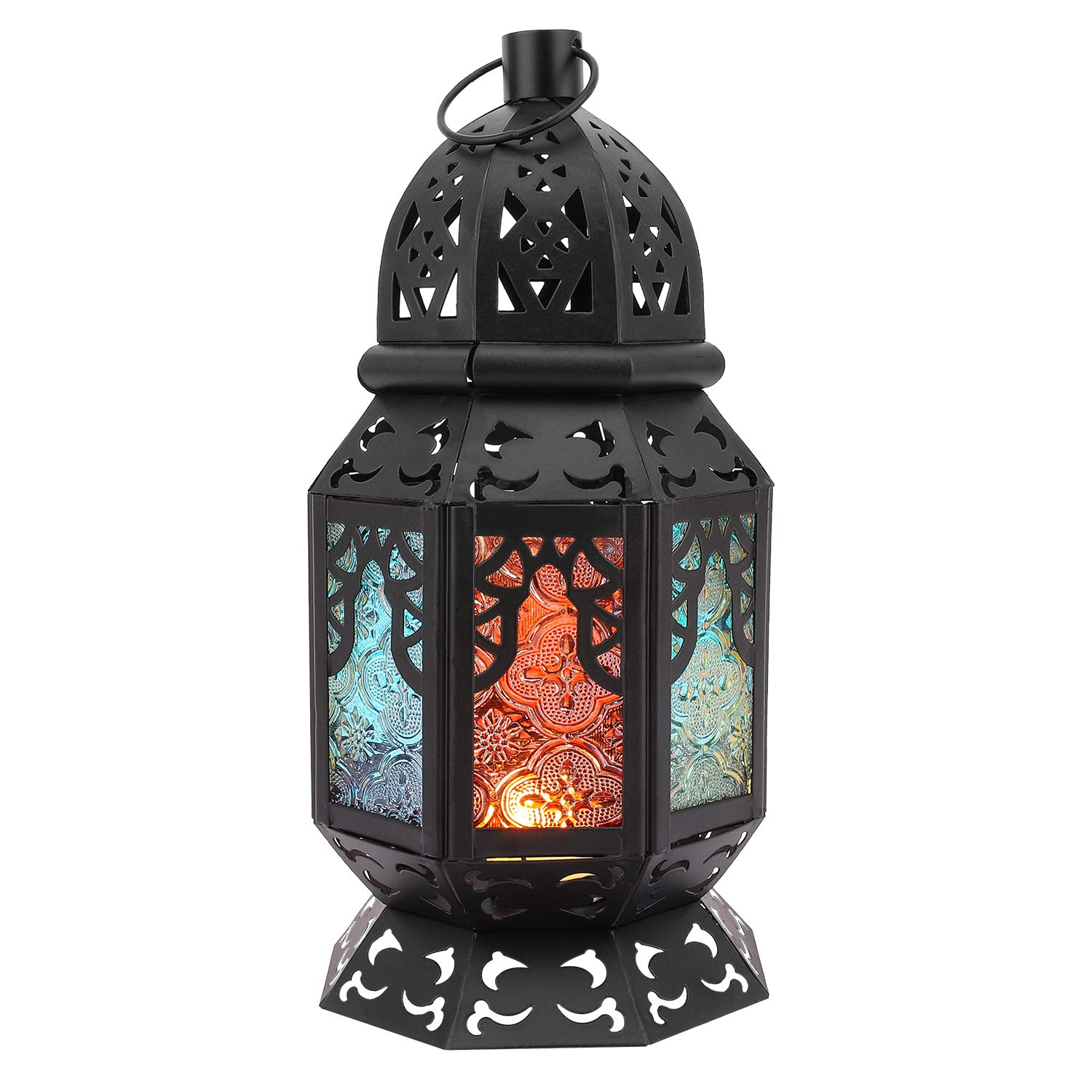 Lewondr Retro Iron Ramadan Candle Lantern, 13.8 Inch Portable Moroccan Wrought Iron Stained Glass Decorative Lantern Candle Holder Hanging Lamp Wind Lantern for Home Decor, Large – Black + Colorful