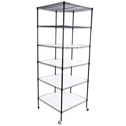 Wire Shelving 6 Tiers Polygonal Corner Shelf, Metal Storage Standing Rack with Wheels, Corner Wire Shelf for Kitchen, Garage and Living Room( US Shipping) (Black)