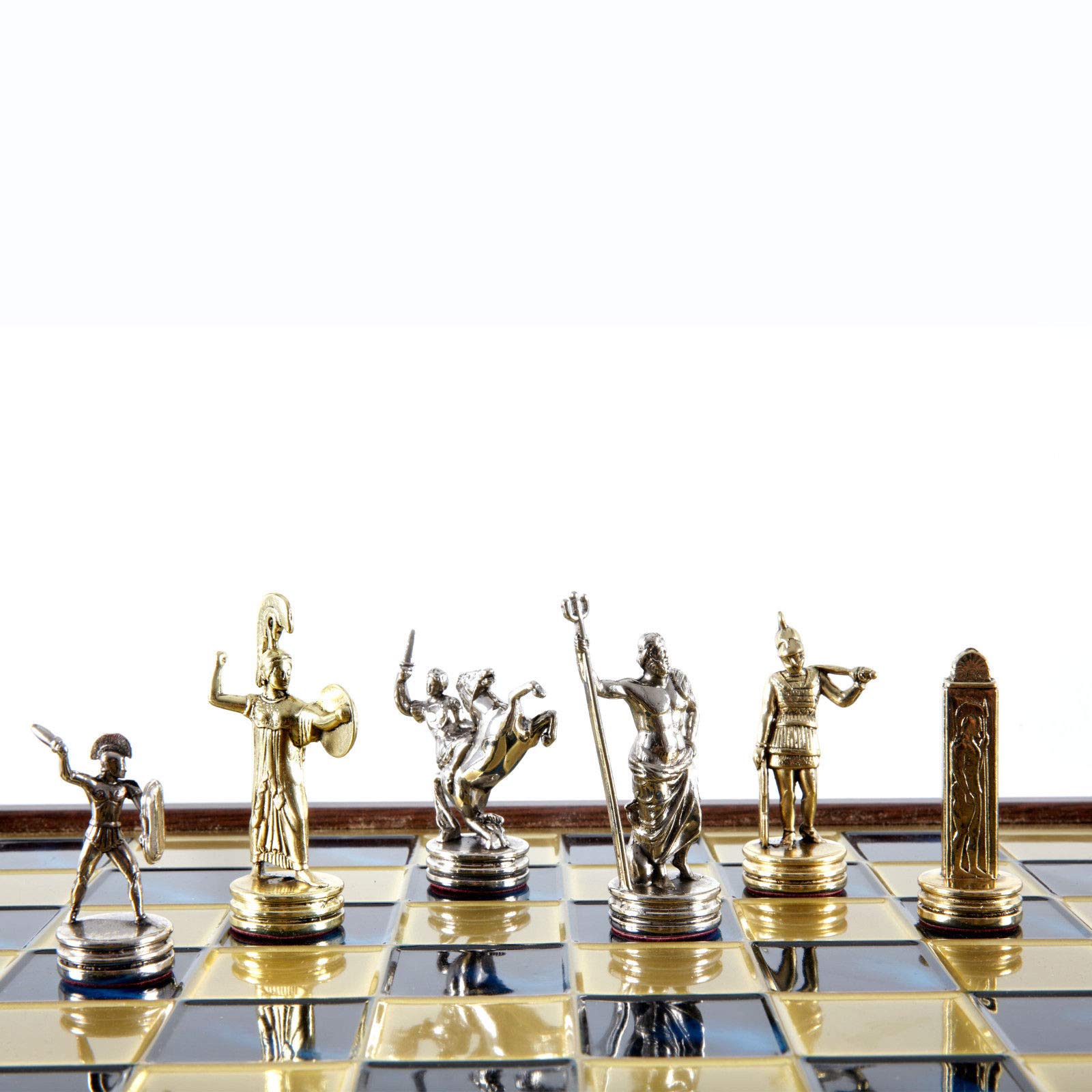 Manopoulos Greek Mythology Chess Set - Brass&Nickel - Wooden case Blue Board