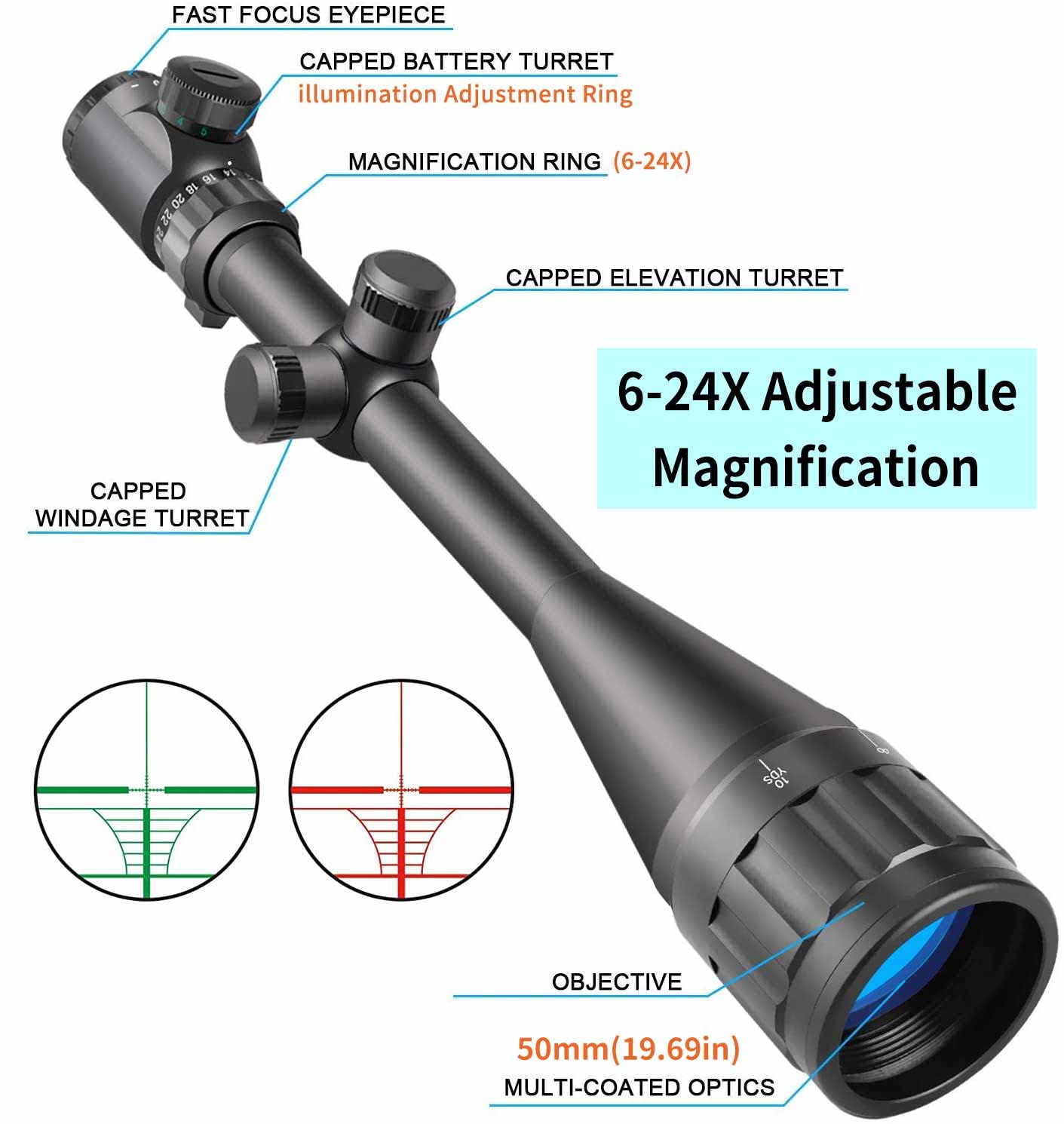 Beileshi 6-24X50 AOEG Optics Hunting Rifle Scope Red & Green Illuminated Crosshair Gun Scope with Flip Up Scope Covers