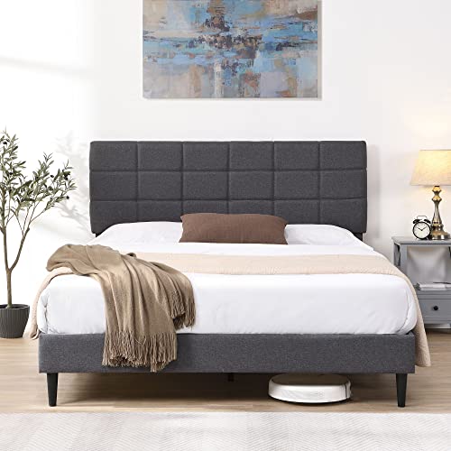 Queen Size Platform Bed Frame with Fabric Upholstered Headboard and Wooden Slats Support, Fully Upholstered Mattress Foundation/No Box Spring Needed/Easy Assembly (Grey, Queen)