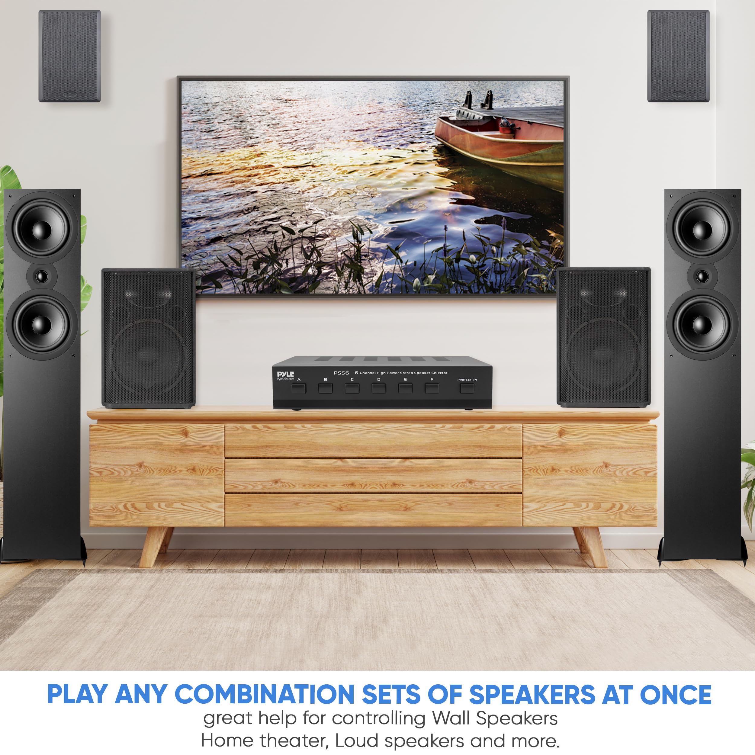 Pyle Home Premium New and Improved 6 Zone Channel Speaker Switch Selector Switch Box Hub Distribution Box for Multi-Channel High Powered Stereo Amplifier A,B,C,D Switches, 6 Pairs Of speakers PSS6