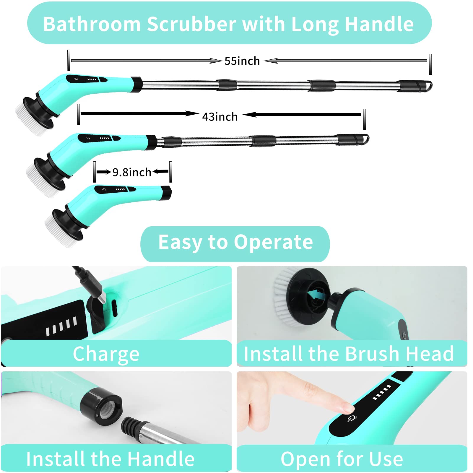 Electric Spin Scrubber, Cordless Bathroom Scrubber with Long Handle, Shower Scrubber for Cleaning with 7 Brush Heads, Power Wall Scrubber Suitable for Cleaning Wall, Kitchen, Bathroom, Window, Floor