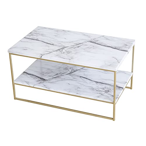 roomfitters 35” Faux Marble Coffee Table, Marble Top Rectangular Coffee Table, Center Table with Gold Metal Frame, 2 Tier Living Room Table, Cocktail Table with Storage for Living Room