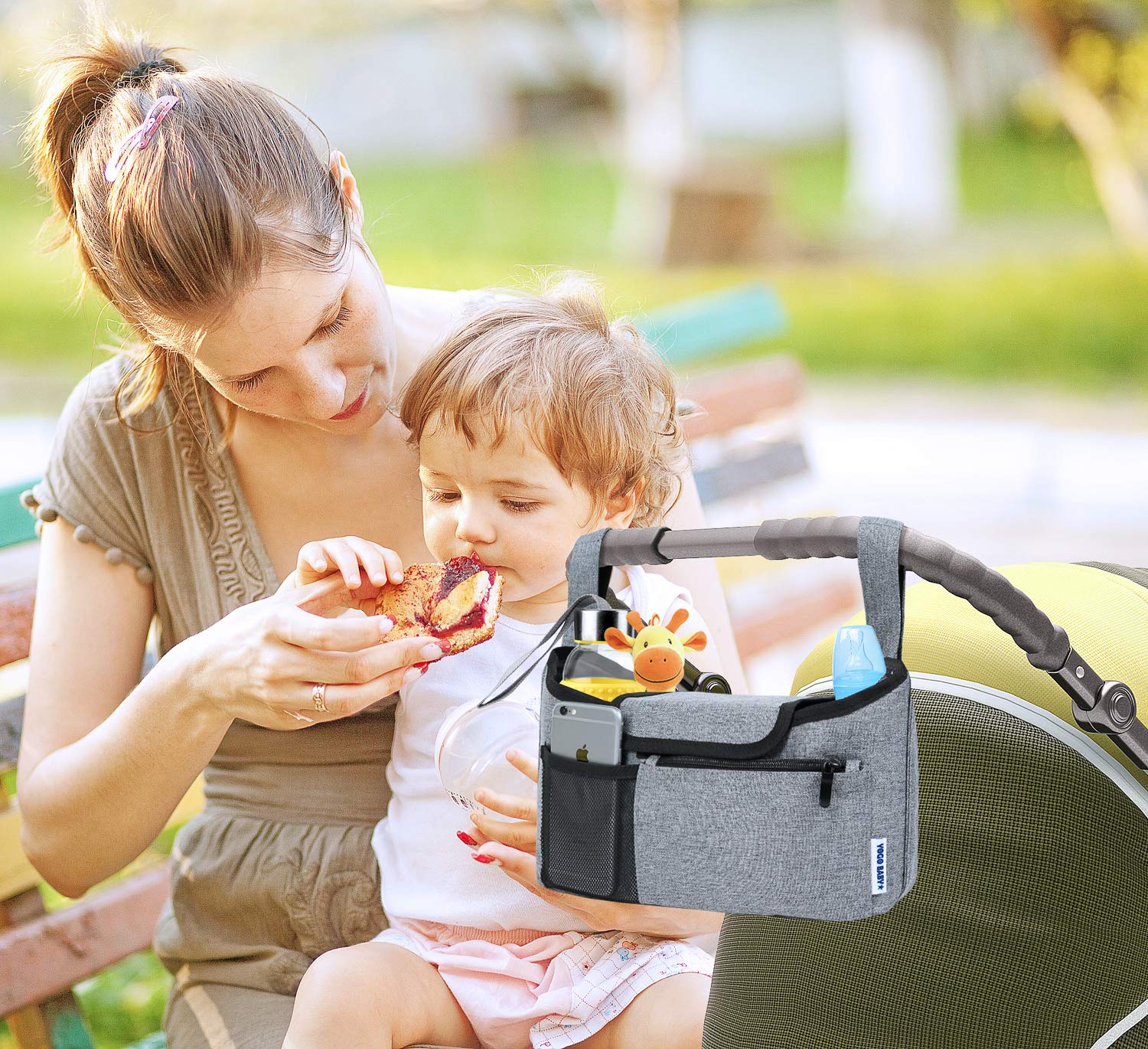 Deluxe Stroller Organizer Universal Fit for All Strollers Multiple Pockets Zipper and Phone Pocket Deep Insulated Cup Holders Grey Melange