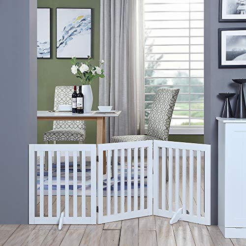 unipaws Freestanding Wooden Pet Gate for Dog and Cat, 24" H and 36" H Foldable Dog Gate with 2PCS Support Feet for Doorway, Halls, Stairs, White, Indoor Use