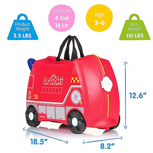 Trunki Kids Ride-On Suitcase & Toddler Carry-On Airplane Luggage for Children Aged 3-6 : Frank Fire Truck Red