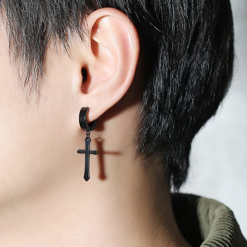 Stud Stainless Steel Earrings,Non Pierced Ear Clips for Men Women,Cross Dangle Hoop Earrings Unisex Gauges Clip on Earring(6PCS)