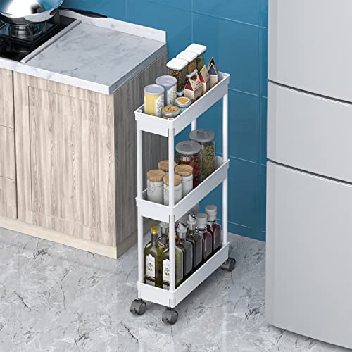 Sooyee 3 Tier Rolling Cart with Wheels,Slim Storage Cart,Narrow Storage Cabinet,Under Desk Storage,Rolling Utility Cart Storage Organizer for Office Bathroom Kitchen Laundry Room Narrow Places, White