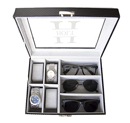 Personalized Engraved Watch Box Organizer for Men with Sunglasses Holder (Set of 5, Stamped Design), Monogrammed Jewelry Box - Unique Groomsmen Gifts for Wedding