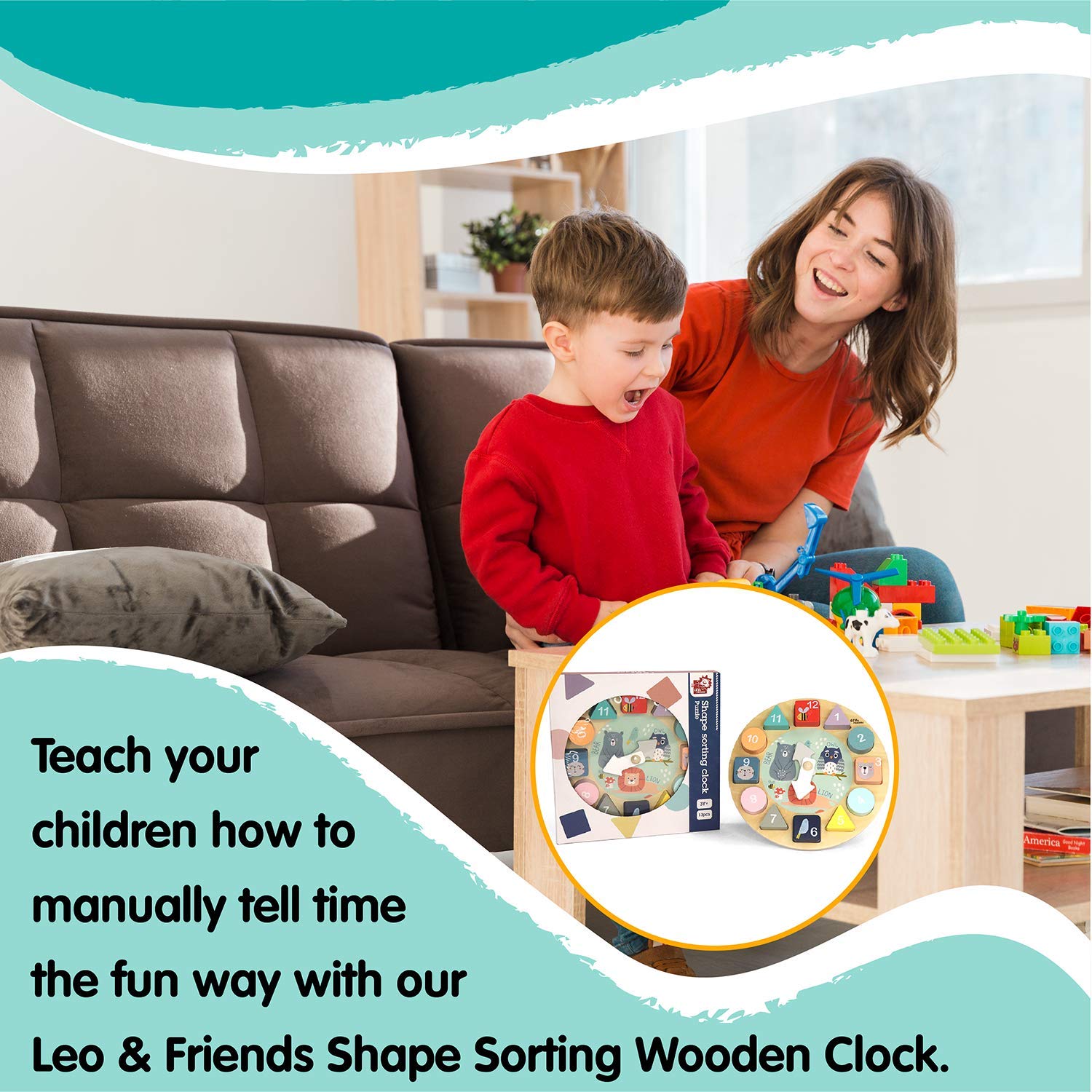 LEO & FRIENDS Shape Sorting Clock - 1 to 12 Removable Number Blocks Included, Learn How to Tell Time, Premium Wooden Educational Toy, Fun Puzzle Stacking and Sorting for Children Ages 3+