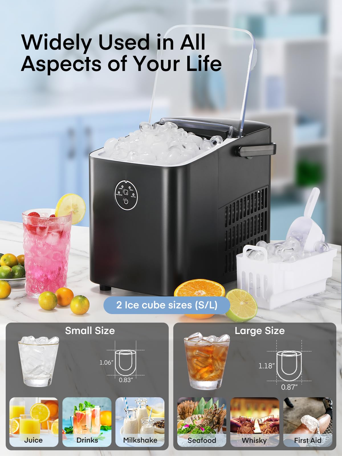 FOHERE Countertop Ice Maker with Handle, Portable Ice Machine Self-Cleaning, 28 lbs in 24Hrs, 2 Sizes of Bullet Ice, Ice Ready in 6 Mins, with Ice Scoop & Basket, for Home/Kitchen/Camping/RV