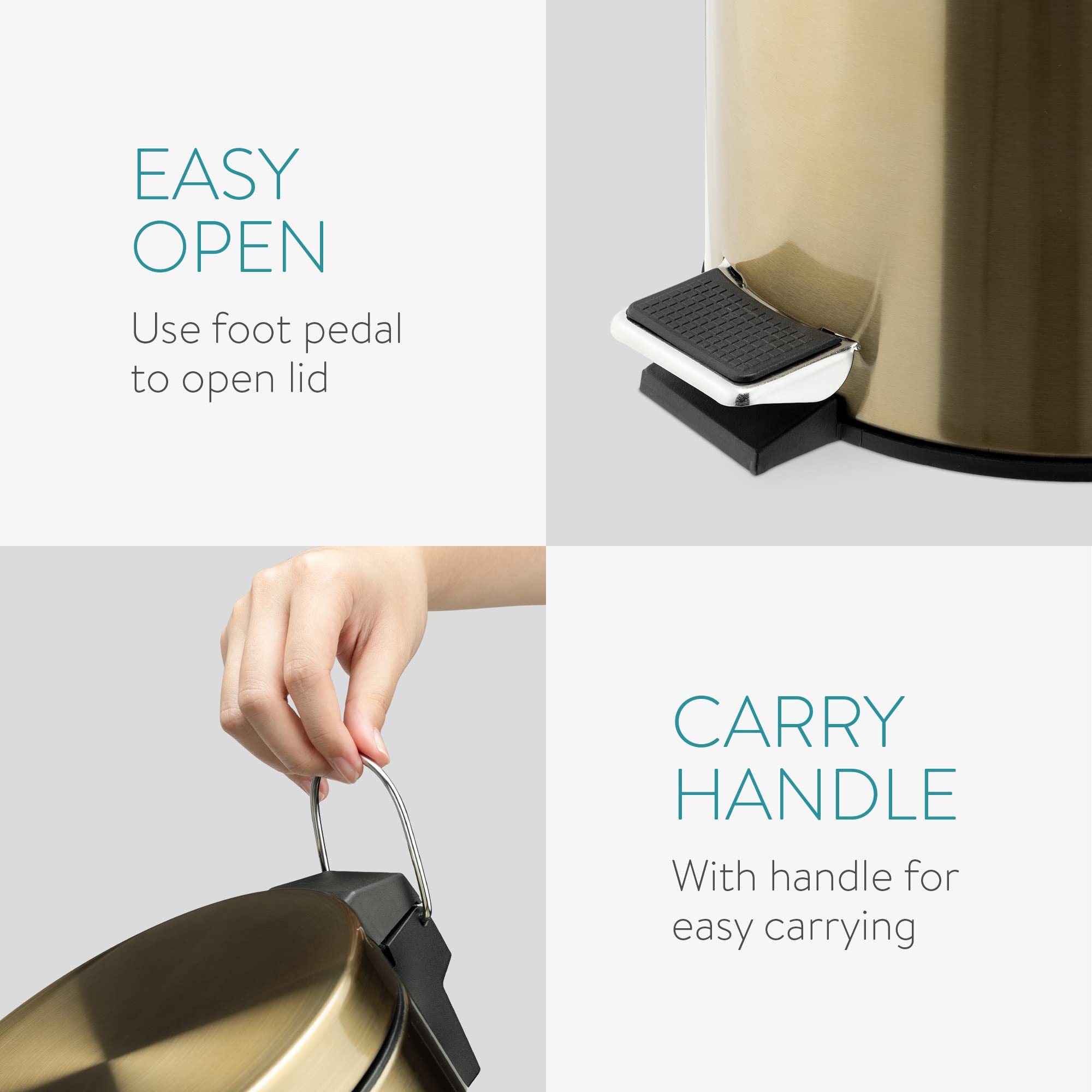 Navaris Small Gold Trash Can - 1.3 Gallon (5 Liter) Trash Can with Step Pedal, Lid and Removable Inner Bucket for Bathroom Kitchen Office or Bedroom