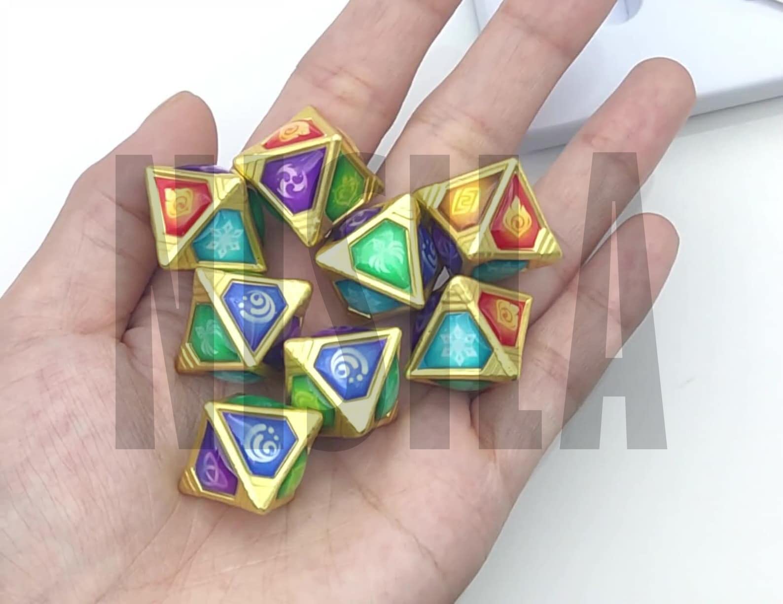 NISILA Genius Invokation Dice Set 8 with Dice Pouch for Genshin Impact TCG Playing Games, Element Polyhedral Metal Dice Set