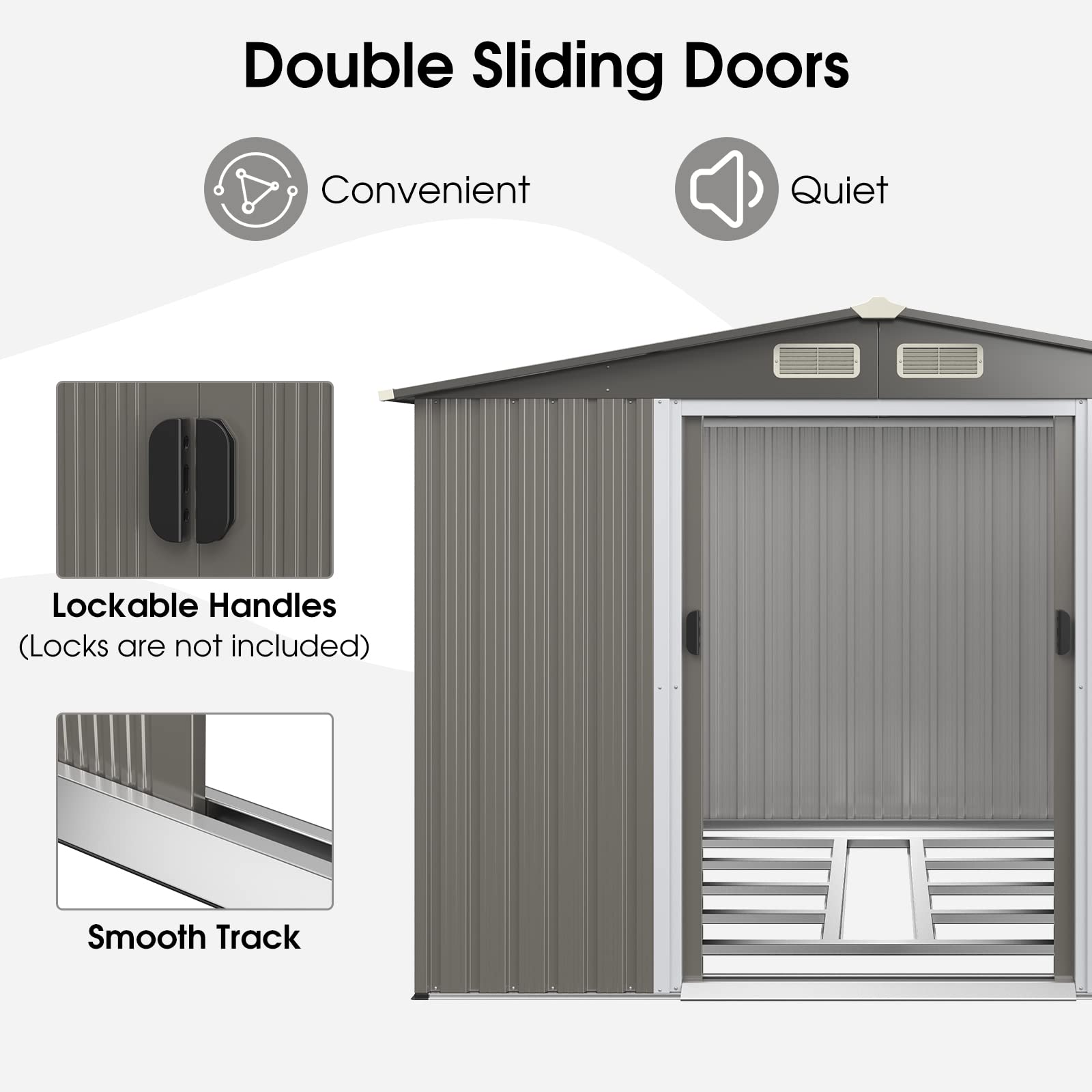 Goplus Outdoor Storage Shed, 8.5’ x 6.8’ x 6’ Weather-Resistant Utility Tool Organizer w/Foundation, 4 Louvers, Double Doors & Ramp, Galvanized Steel Tool Shed for Garden, Lawn, Yard