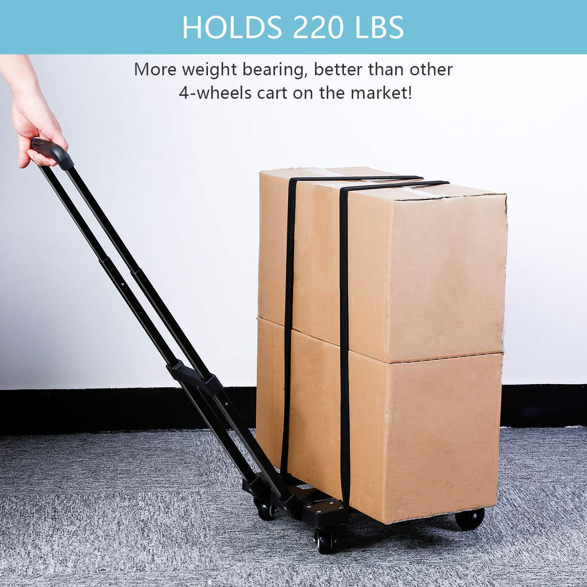 Orange Tech Folding Hand Truck, 220 lbs Heavy Duty Luggage Cart, 4 Wheels Solid Construction, Portable Fold Up Dolly, Compact and Lightweight for Luggage, Personal, Travel, Moving and Office Use