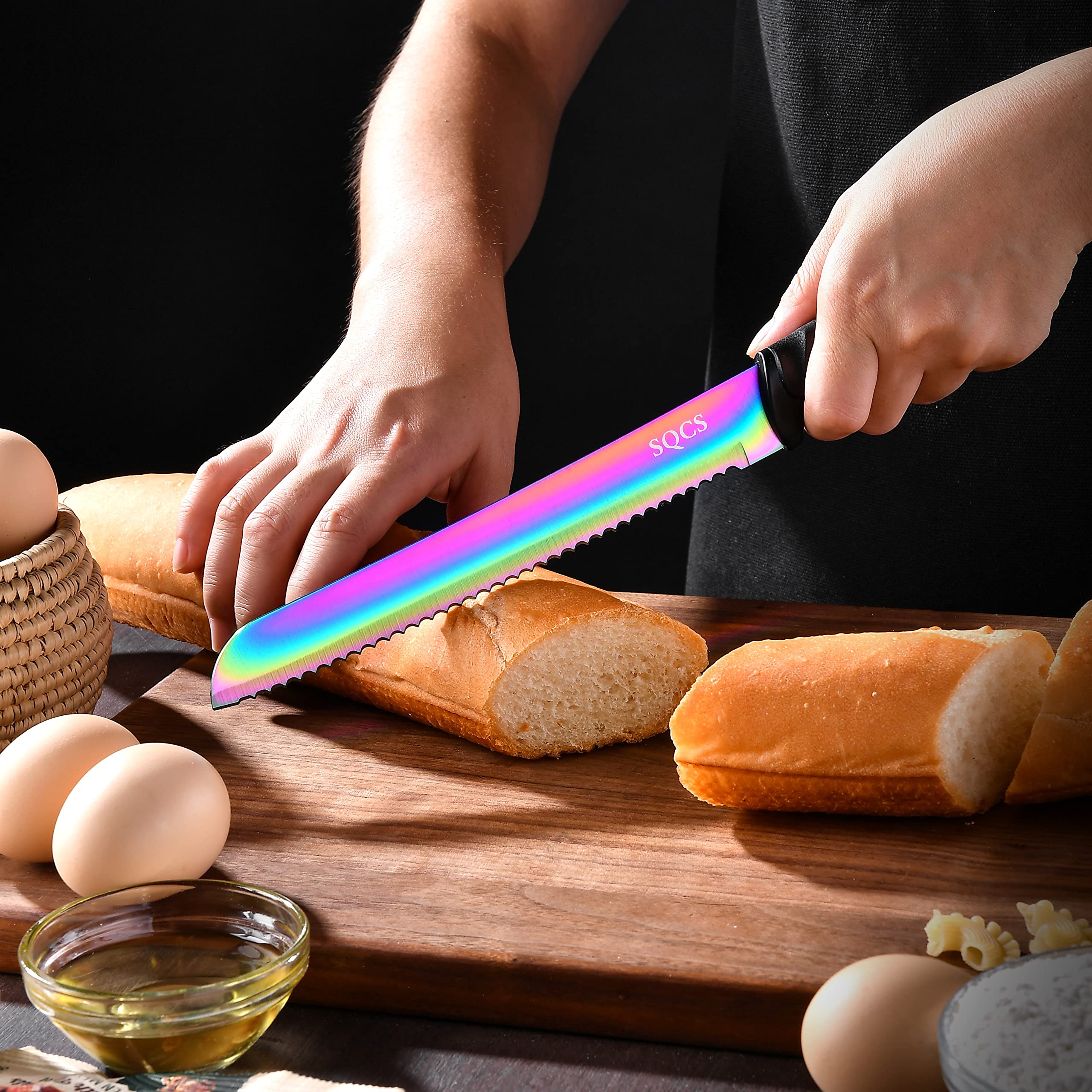 Rainbow Titanium Knife Set 17 PCS Kitchen Knives Set Sharp Cutlery Knife Sets Contain 6 Steak Knives Sharpener Clear Acrylic Stand Nonstick Chef Knife Block Set (Black Handle Rainbow Blade)