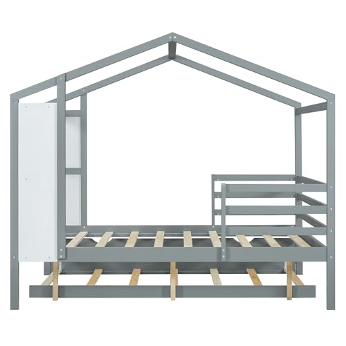 Full Size House Bed with Trundle, Full Bed with Trundle Wood Full Bed Frame with Fence, Writing Board, Montessori Bed Frame with Trundle Bed Full kids Bed Frame for Kids, No Box Spring Need, Grey