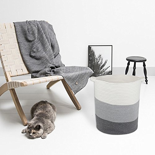 Orino 18"x16" Extra Large Storage Baskets with Handle-Cotton Rope Laundry Basket-Toy Storage Organizer-Soft Baby Kid Nursery Hamper Organizer-Tall Woven Basket Toy Storage Bin(Black+Grey+Beige)