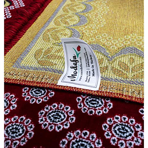 Modefa Prayer Rug Free Prayer Cap & Beads - Thin Velvet Namaz Sajadah Janamaz Floral Daisy Arch (Red)