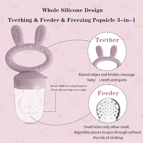 Baby Solids/Frozen Fruit Feeder Pacifier, Infant Teether Toy 4M+, BPA-Free Silicone Pouch & Nipple, Safely Introduce Solids, Teething Relief, 2-Pack (Rabbit - Pink Purple, S/M/L)