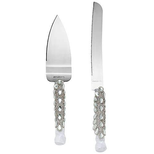 Stainless Steel Wedding Cake Knife and Server Set for Cake Cutting Ceremony, Embellished with Faux Crystals, Diamonds, Ribbon