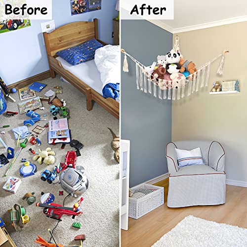 Stuffed Animal Hammock Macrame with Light and Storage Bag, Toy Hammock Corner Organizer Display Holder Net for Hanging Toy Storage and Home Cleaning(Beige)