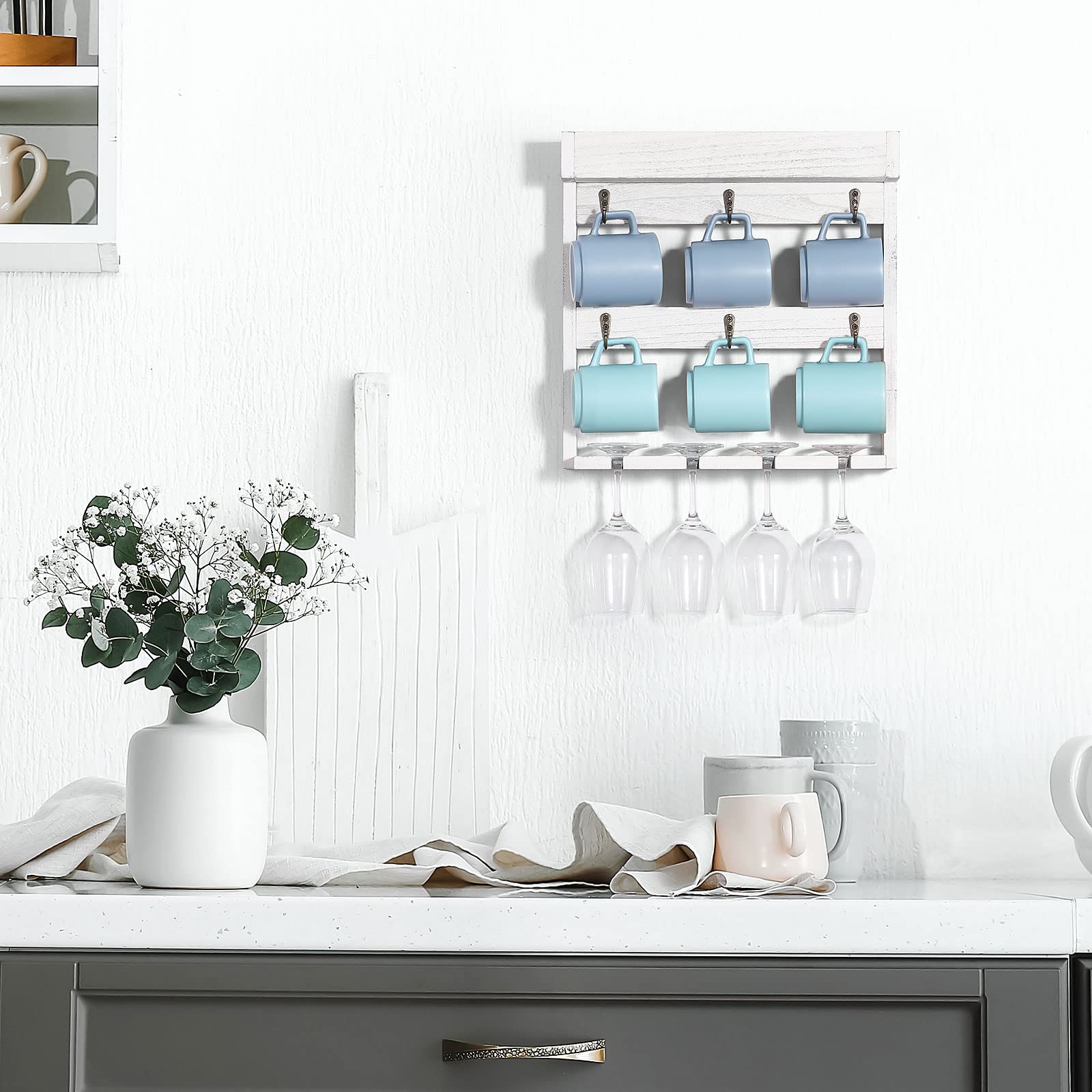 NANANARDOSO Wood Coffee Mug Holder Stand, Wine Glass Rack, Coffee Cup Holder Wall Mounted with 6 Hooks and 4 Stemware, Coffee Mug Rack for Home Kitchen Countertop Display and Collection, White
