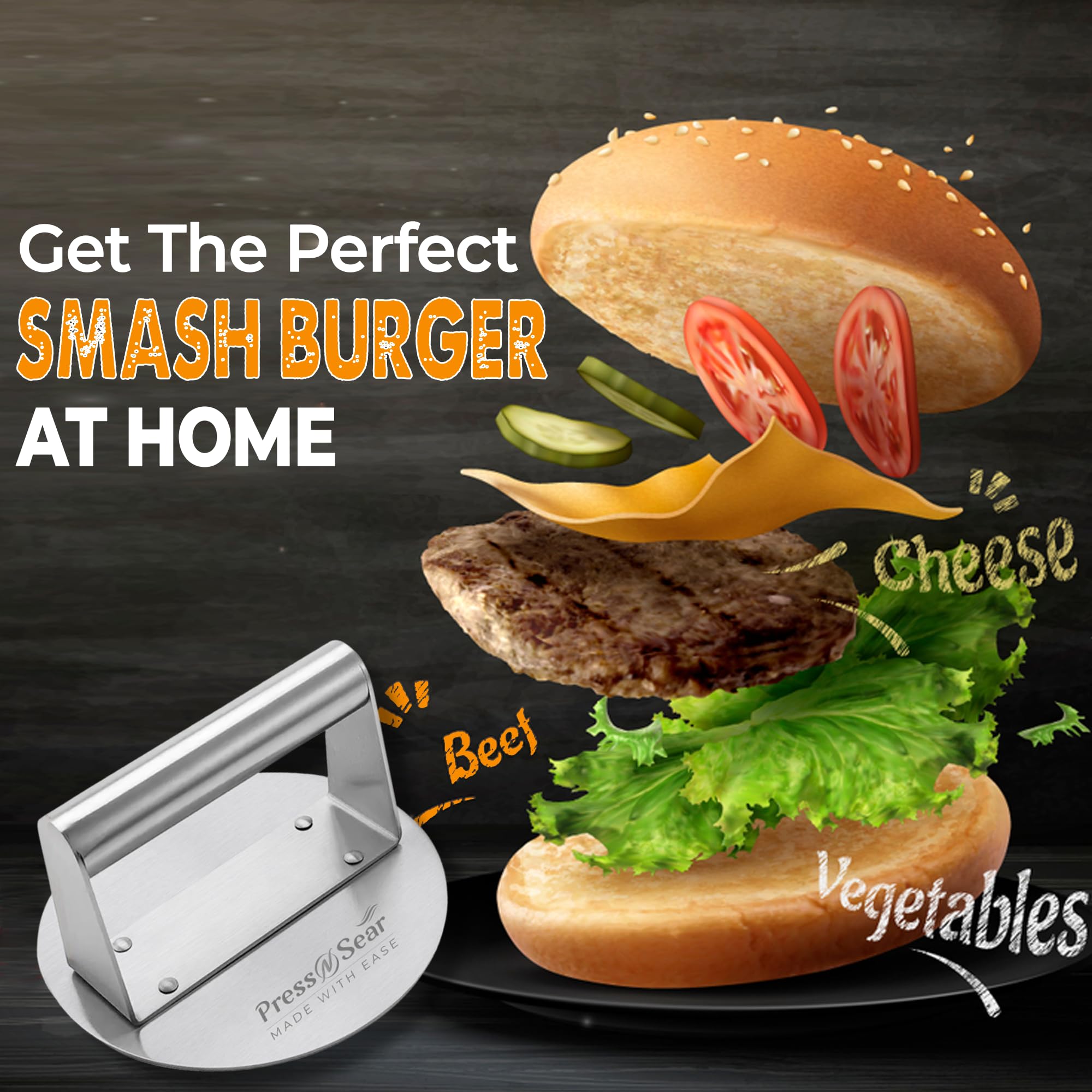 Press N Sear 6.2 Inch Heavy Duty Stainless Steel Smash Burger Press - Round Burger Smasher for Flat Top Grill, Professional Griddle Accessories Kit, Rust-Free and Easy to Clean.