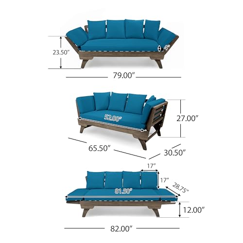 Christopher Knight Home Aldrich Outdoor Acacia Wood Expandable Daybed with Water Resistant Cushions, Dark Teal and Gray