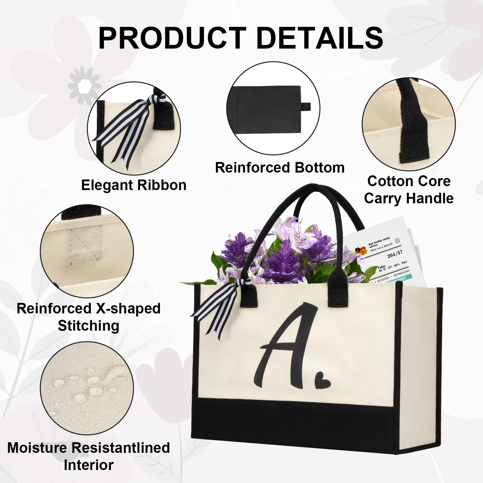 shenee Initial Canvas Tote Bag, Personalized Beach Jute Bag Present for Women Holiday, Friends Birthday Gift, Beach, Wedding (Letter A)