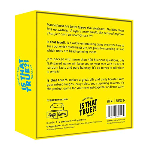 Hygge Games is That True?! – Can You Tell The Difference Between Wacky fact and Sneaky Fiction? – Trivia Party Game, Yellow (21125)