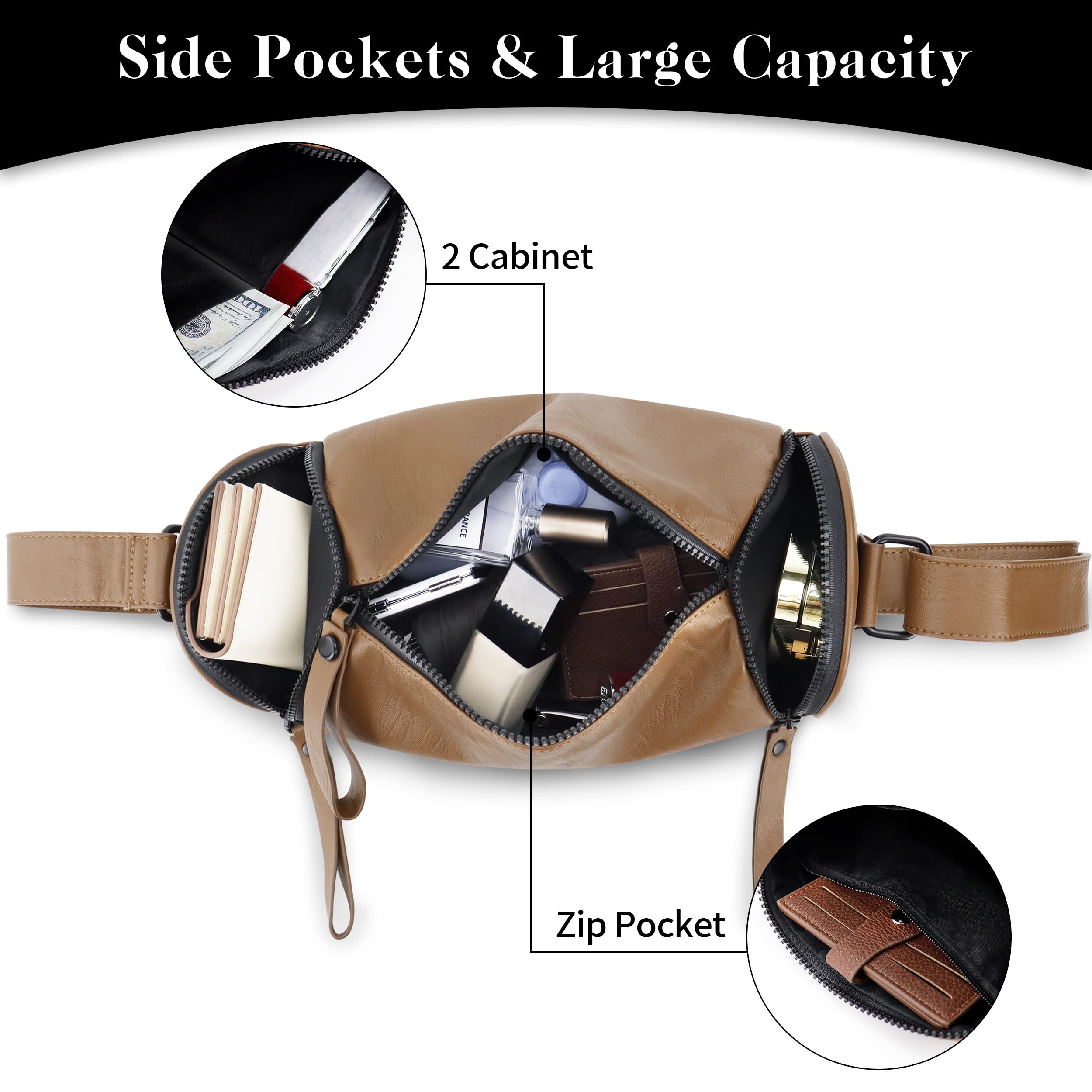 Whale Power Crossbody Bag Soft Leather Cylindrical Adjustable Strap Shoulder Purse with Side Pockets for Women Brown