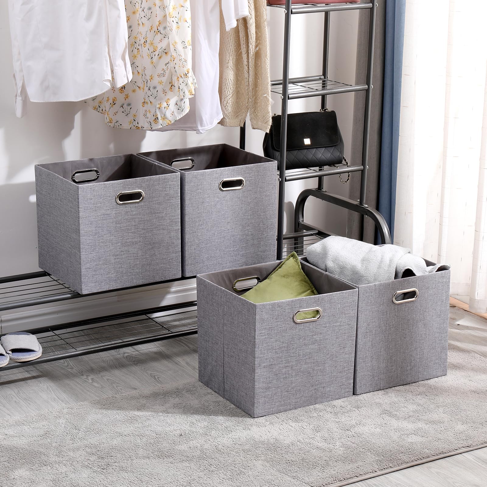 Jermichoc Storage Bins 13x13x13, Cube Storage Bin 4 Pack, Collapsible Storage Bins Fabric with Metal Handle for Clothes, Toys, Books (grey)