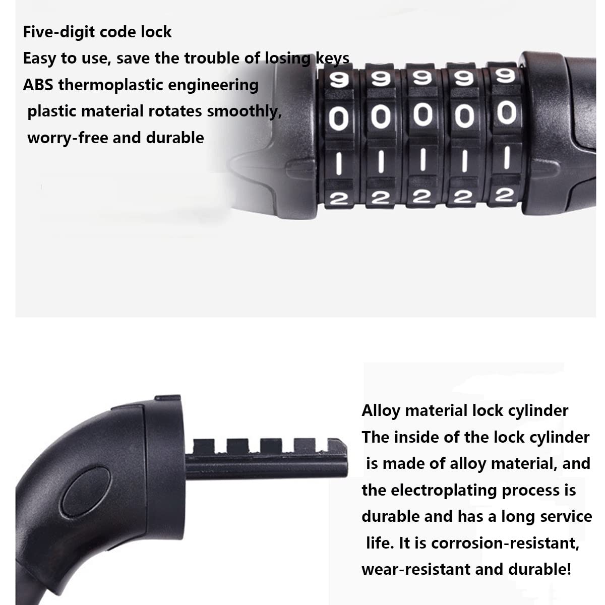 UFFD Bike Lock Cable 5-Digit Resettable Combination Self Coiling Combination Bicycle Lock with Free Bike Cable Lock Mounting Bracket Bike Lock (Color : Black, Size : 11.9mm*1500mm)