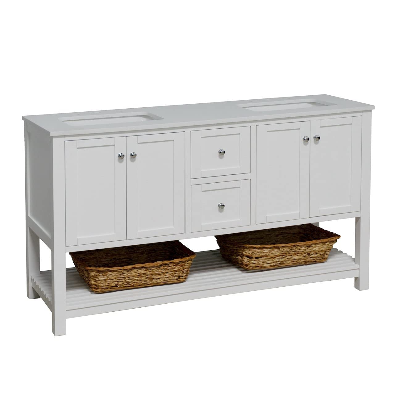 Kitchen Bath Collection Lakeshore 60-inch Double Bathroom Vanity (Engineered White/White): Includes White Cabinet with Engineered White Countertop and White Ceramic Sinks