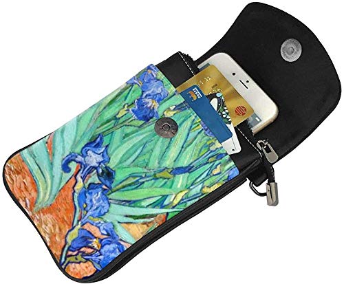 Van Gogh Irises Flowers Women Soft PU Leather Cellphone Purse Wallet Handbag Small Crossbody Shoulder Bag