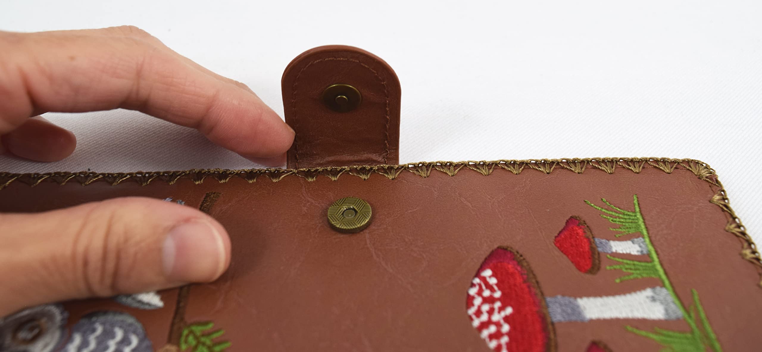 Skelapparel Embroidered Owl Couple and Mushroom Faux Leather Large Flat Wallet by Lavishy (Green)