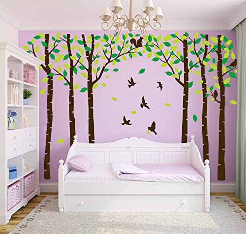 Six Birch Tree Wall Decals Birds Cute Squirrel Forest Wall Stickers for Kids Room Nursery Bedroom Living Room Classroom Decoration (Brown,Green)