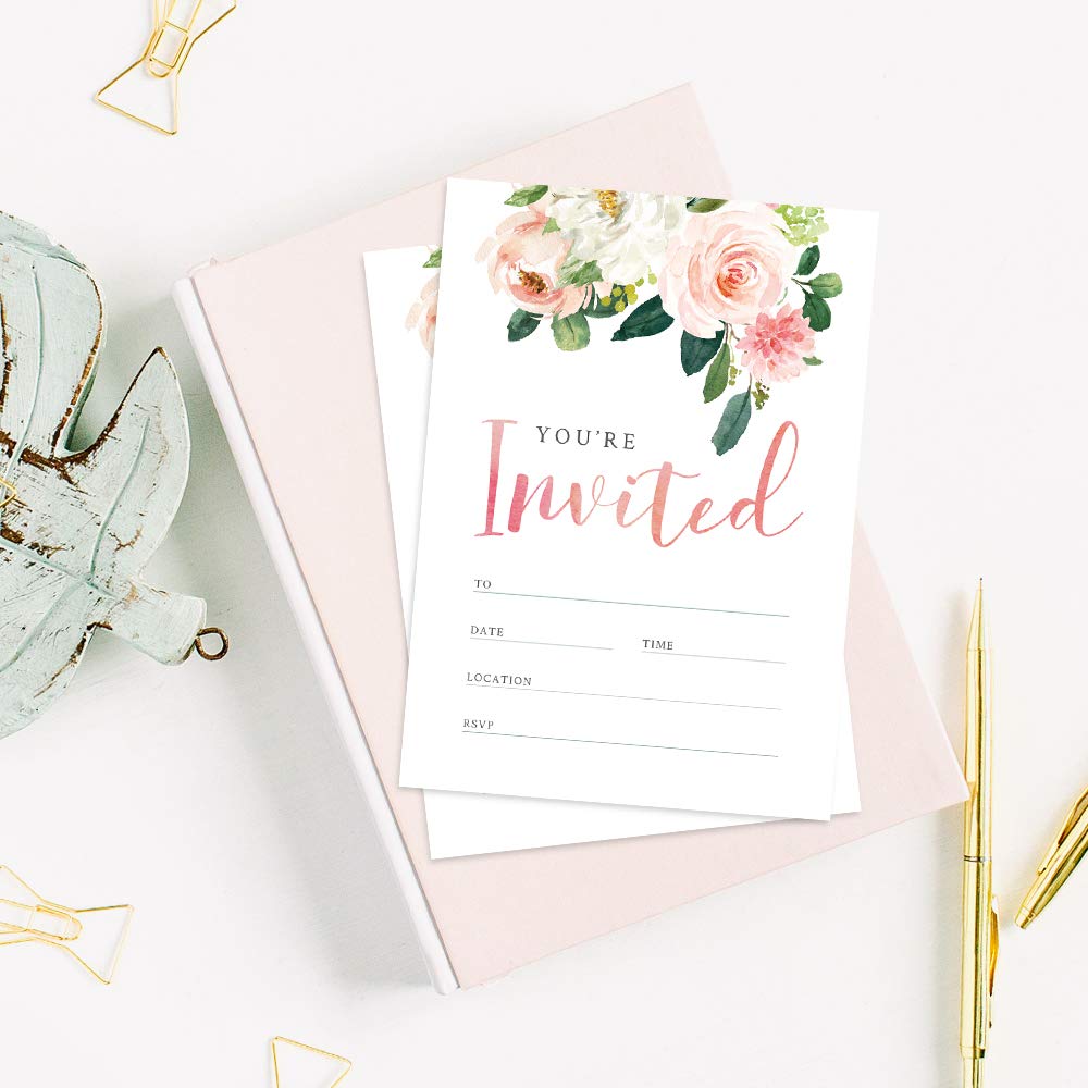 Floral Fill-in Invitations with Envelopes, Perfect for Bridal Shower, Baby Shower, Wedding, Rehearsal Dinner, Birthday Party, Anniversary Party (25 Pack)