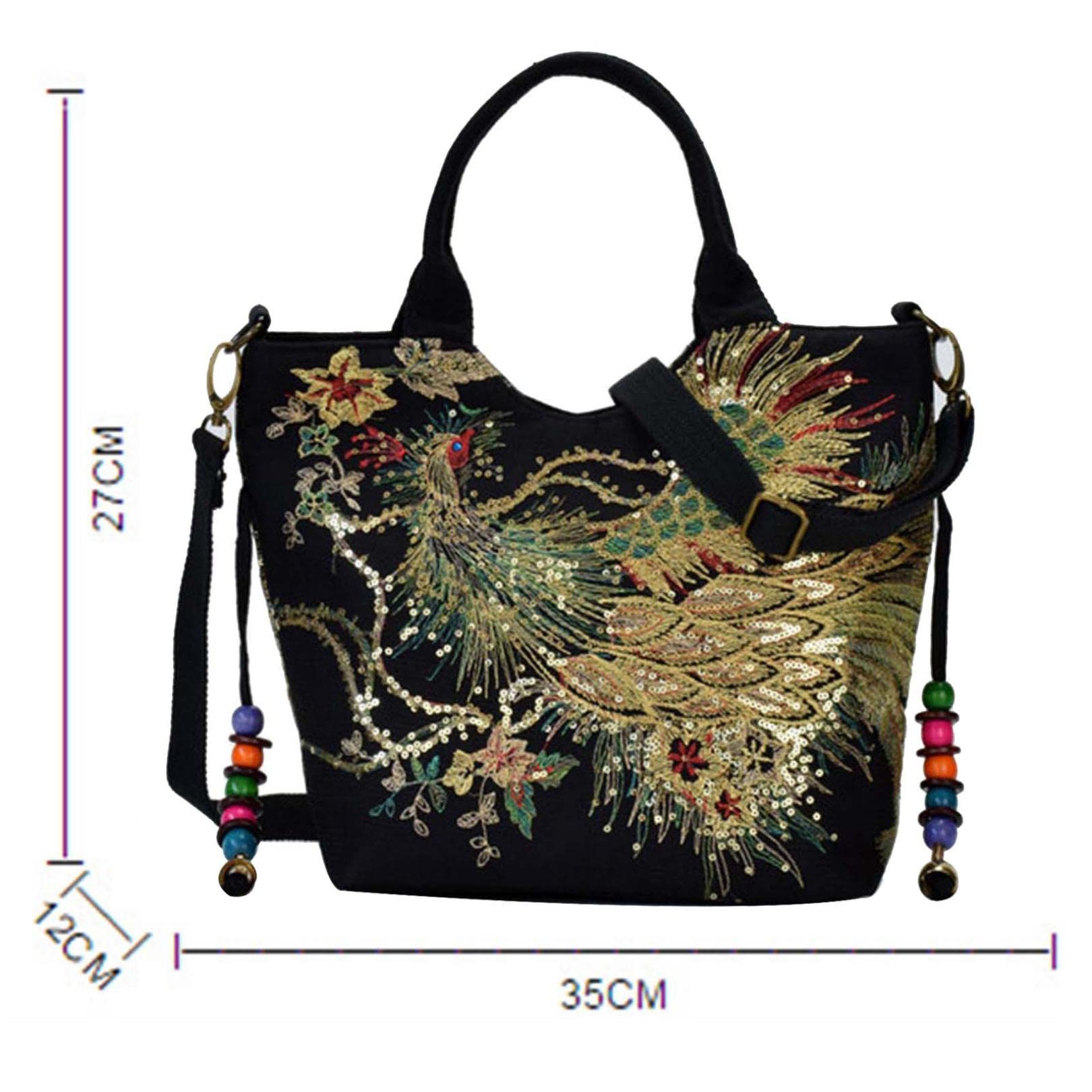 Women's Shoulder Bag Vintage Ethnic Style Peacock Embroidered Canvas Handbags Ladies Travel Shopping Large Tote Bag (Red)