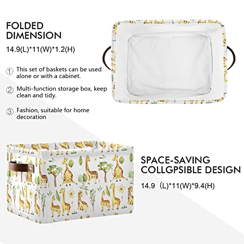 Rectangular Storage Basket Storage Bin - Tropical Palm Leaves Giraffe Collapsible Storage Box with Leather Handles Fabric Organizer Bin Organizer for Boys and Girls