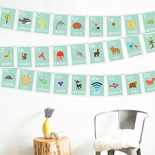 Spanish Alphabet 5x7 Wall Cards, Blue Nature, Kid's Wall Art, Nursery Decor, Kid's Room Decor, Gender Neutral Nursery Decor