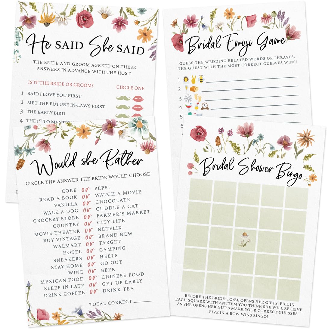 Printed Party Bridal Shower Game Set – 4 Fun Games and Activities for 30 Guests, Includes Bingo, Emoji Guessing, and Bride & Groom Trivia, Love In Bloom Wildflower Design
