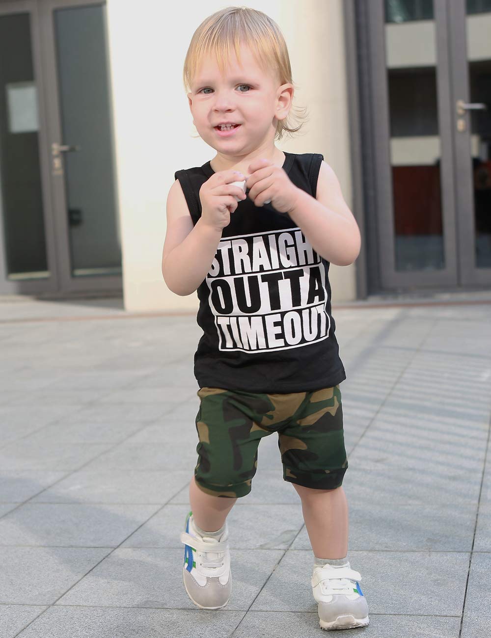waliwali Toddler Infant Baby Boy Clothes Straight Outta Timeout Vest +Camouflage Shorts Outfit Set(18-24Months(100))