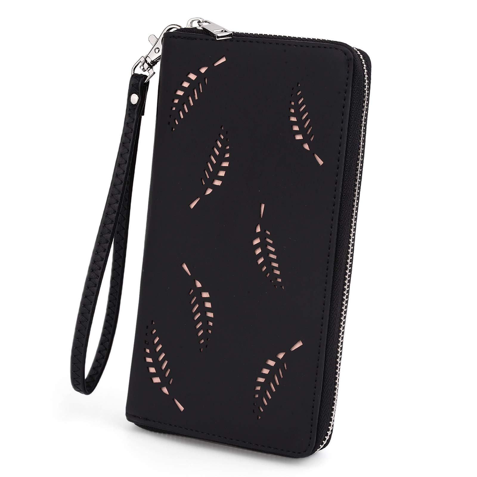 UTO Women Wallet Large Leather Hollow-Carved Leaf Card Holder Checkbook Passport Organizer Ladies Travel Clutch with Wristlet